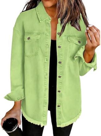Generic Veste d&eacute;contract&eacute;e en jean &agrave; manches longues pour femme avec ourlet effiloch&eacute;, vert clair, XXL