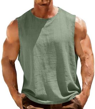 Generic Chemise en lin l&eacute;g&egrave;re et classique sans manches pour homme, couleur unie, respirante, extensible, &eacute;l&eacute;gante, polyvalente, confortable, col rond, chemis