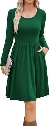 Zeagoo Robe à manches longues et col rond pour femme - Robe tunique élégante - Robe midi - Avec poches, vert, M