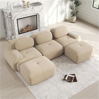 Generic Modulares Schlafsofa mit Ottomane, 3-Sitzer, modulares Cord-Sofa, ohne Montage, for Wohnzimmer, rahmenloses Sofa, mit gebogenen Armlehnen(Beige.,3S+2)