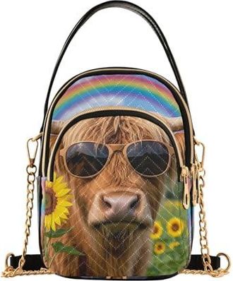 Mnsruu Sac à bandoulière pour femme, motif vache des Highlands, tournesols, arc-en-ciel, petit sac à bandoulière avec sangle réglable