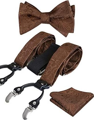 Alizeal Noeud papillon réglable pour homme Motif cachemire floral et carré de poche et élastique en forme de Y 6 clips, marron, taille unique