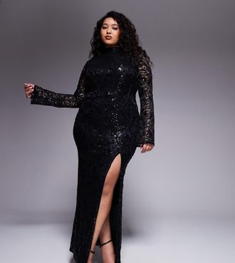 Asos Curve ASOS DESIGN Curve - Robe longue ornement&eacute;e et fendue en dentelle &agrave; manches longues - Noir