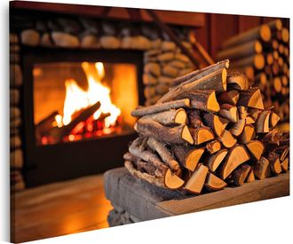 Islandburner Bild auf Leinwand Holzscheite Vor Kaminfeuer Gemütliches Wohnzimmer Ambience Bilder Wandbilder Poster