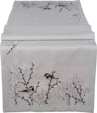 Matches 21 Herbstlicher Tischläufer 40 x 140 cm mit Vögeln & Weidenkätzchen - Dekorativ bestickte Mitteldecke DINA für Herbstdeko im Esszimmer, Wohnzimmer & Küch