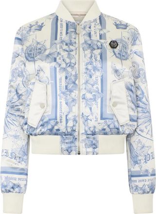 Philipp Plein Femme, Vestes, Bleu, Taille: 42 FR Satin Bomber Butterfly Tattoo