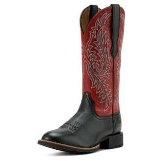 Ariat Womens Round Up W Toe Western Boots in Black Deertan Garnet Emboss, B Medium Width, Size 38.5, by Ariat