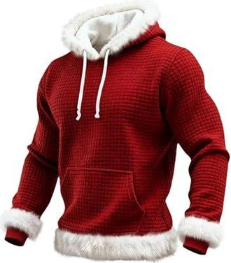 Generic DENGJIAMY - Chandail à capuche de Noël pour homme, chemise gaufrée aux couleurs contrastées, grande taille, col en fourrure synthétique, Rouge, XXL