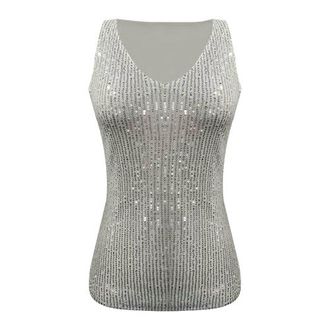 Generic Haut &agrave; paillettes argent&eacute;es pour femme - D&eacute;bardeurs d&eacute;contract&eacute;s &agrave; col en V - Couleur unie - Camisole d&eacute;t&eacute; &agrave; paillettes - Tendance et polyvalent - D&eacute;b