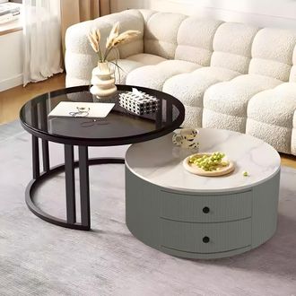 Generic Couchtisch 2er Set, Weiße Marmor Satztisch mit Schubladen, Beistelltisch mit Metallrahmen und Glas, Platzsparender Moderne Sofatische für Schlafzimmer