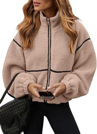 Generic Veste polaire sherpa surdimensionnée avec fermeture éclair pour femme, col montant, vêtement dextérieur pelucheux à revers décontracté en fausse peau 
