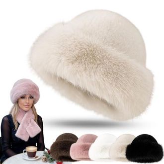 Generic Chapeau bob en fourrure moelleuse chaude pour lhiver, chapeau &eacute;pais en fausse fourrure pour femme, chapeaux de p&ecirc;cheur doux tendance avec &eacute;charpe asso