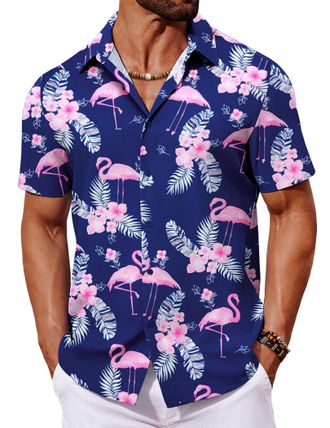 Coofandy Hawaii Hemd M&auml;nner Sommerhemd Kurzarm Strandhemd Urlaub Hawaiihemd Blumen Hemd Aloha Herrenhemden Party Shirt Dunkelblau Flamingo 3XL