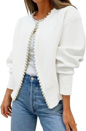 Generic Y2k Cardigan ouvert sur le devant pour femme - Joli haut en tricot &agrave; manches longues - Col rond - Style habill&eacute; et d&eacute;contract&eacute; - Tenue de festival, bl