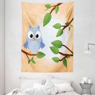 Abakuhaus Eule Drucken Wandteppich, Kreatur auf einem Wald-Baum, Wohnzimmer Schlafzimmer Wandtuch Seidiges Satin Wandteppich, 150 x 200 cm, Peach und Multicolor
