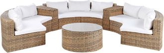 Beliani Gartenm&ouml;bel Set Goldbraun Rattan u. Aluminium Halbrund Modern 9-Sitzer Sofa mit Couchtisch Kissen Wei&szlig; Terrasse Outdoor Lounge Set 6-Teilig