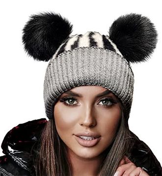 4sold Miki Bonnet dhiver en laine tricot&eacute;e avec 2 pompons - pour femme et fille - pour le ski et le snowboard (color&eacute;), Noir/gris, taille unique