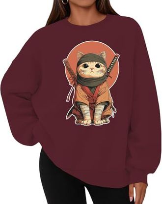 Generic Sweat-shirt surdimensionn&eacute; pour femme | Chandail surdimensionn&eacute; &agrave; col rond imprim&eacute; chat japonais, pull tendance, rouge vin, 3XL