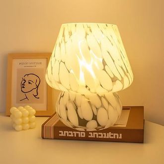 Relaxdays Tischlampe, Pilz Design, Glas, E27, batteriebetriebene Nachttischlampe, HxD: 24 x 16 cm, Touchfunktion, wei&szlig;