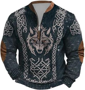 Generic Pull à col rond pour homme - Décontracté et tendance - Imprimé 3D - Manches longues - Avec demi-fermeture éclair - Manches longues - Sweatshirt décont