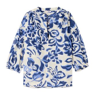 Oltre Blouse en coton &agrave; motifs - Femme - Blouses et Chemises - Bleu - Taille: 42 FR