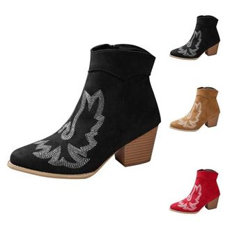 Generic Bottines pour femme, bottes de cowgirl occidentales en similicuir su&eacute;d&eacute;, bottes brod&eacute;es polyvalentes, confortables &agrave; talon bloc et fermeture &eacute;clair la