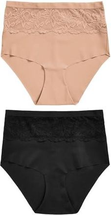 Next Femme Lot de 2 Culottes Taille Haute Effet Ventre Plat légèrement gainantes en Dentelle Noir/Chair 42