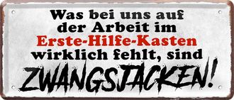 Generic Blechschild was bei uns auf der Arbeit im Erste Hilfe Kasten 28x12cm Geschenk Lustige Spr&uuml;che Feier Vintage Retro Geburtstag Deko Party &Uuml;berraschung F