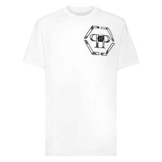 Philipp Plein Homme, Tops, Blanc, Taille: XL T-Shirt Col Rond Hexagon