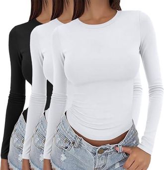 Generic T-shirt ajust&eacute; pour femmes, ensemble de 3 hauts &agrave; manches longues &agrave; col rond, thermiques, extensibles, sous-v&ecirc;tements superpos&eacute;s, basiques, ajust&eacute;s, &agrave;