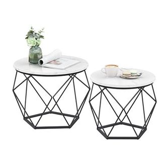 Relaxdays Couchtisch, 2er Set, Marmoroptik & Metall, Vintage-Design, runde Beistelltische, Wohnzimmer, wei&szlig;/schwarz