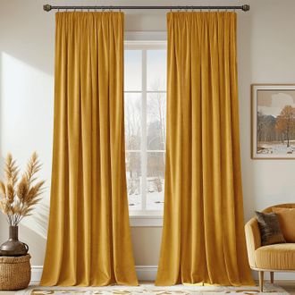 Miulee Samtvorhang mit Kr&auml;uselband 2er Set 140X260 cm, Sch&ouml;ne Dicke und Schwere Wohnzimmer Schlafzimmer Deko Blickdichte Vorh&auml;nge, Senfgelb Samt Gardinen Ver