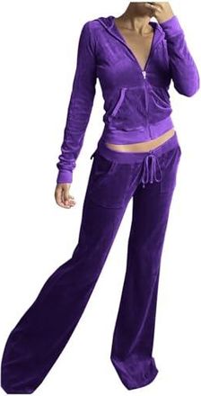Generic Y2K Surv&ecirc;tement en velours &agrave; manches longues et fermeture &eacute;clair pour femme - Veste courte et pantalon de yoga taille basse - Jambe large, violet, XXL