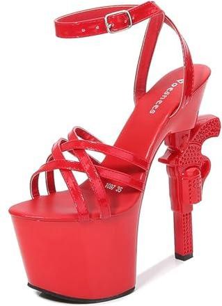 Generic Rouge,40 EU,Sandales &agrave; Talons Aiguilles &agrave; Plateforme et Bride &agrave; la Cheville pour Femmes, Bout Ouvert, Talon profil&eacute; de 17,5 cm, Chaussures de soir&eacute;e d