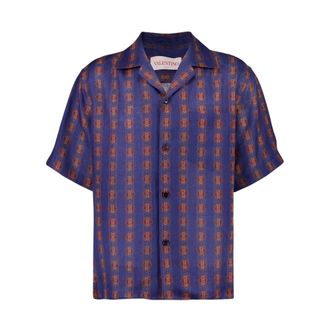 Valentino Garavani Homme, Chemises, Bleu, Taille: L Chemise Bowling en Lin avec Imprim&eacute; Voyage Imaginaire