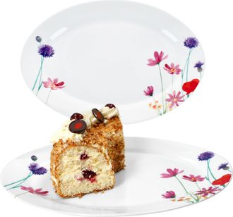 MamboCat Marie 2er Set Servierplatte oval I (LxB) 35,5x24,3cm | l&auml;nglicher Teller aus Porzellan mit Blumenwiese-Dekor I f&uuml;r Sushi, Antipasti, Tapas & Co. I Vor