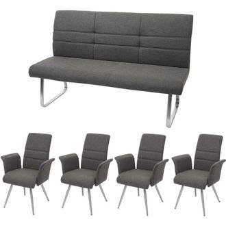 Hhg Set 4x Esszimmerstuhl+Sitzbank HHG 709, Bank K&uuml;chenstuhl Stuhl+Armlehne, Stoff/Textil Edelstahl grau-braun Bank 180cm