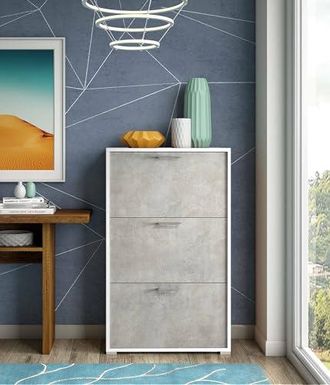 Dmora Schuhregal Iris, Mehrzweck-Eingangsm&ouml;bel mit 3 Faltt&uuml;ren, moderner Schuhschrank, 100 % Made in Italy, 67 x 18 x 112 cm, Wei&szlig; und Zement