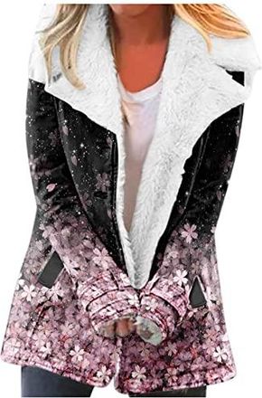 Generic Vestes chaudes pour femmes 2026 - Manteau dhiver &agrave; revers imprim&eacute; - Manches longues - Grande taille - Manteau dext&eacute;rieur avec poche, rose, XL