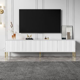Generic QXJVA TV-Schrank 190 cm Wei&szlig; Lowboard mit Goldenen Beinen TV-M&ouml;bel Rillen-Front Sideboard 4 T&uuml;ren Fernsehtisch TV-Bank Soft-Close TV Board Modernes De