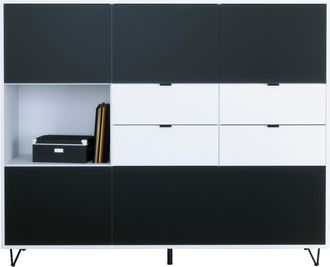 Vladon Highboard Marino V2, Sideboard mit 6 Türen Schwarz matt und 4 Schubladen Weiß matt, Made in Germany, Korpus Weiß matt (152,5 x 125,5 x 37 cm)