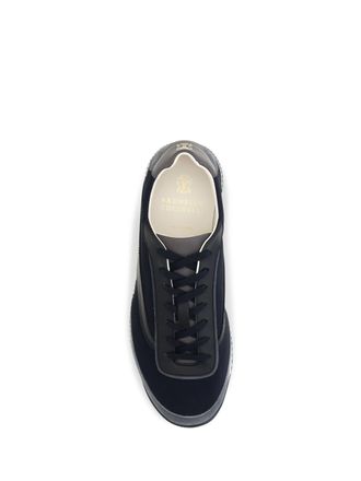 Brunello Cucinelli Mens Lace-Up Sneakers Blue Suede Shoes Flat