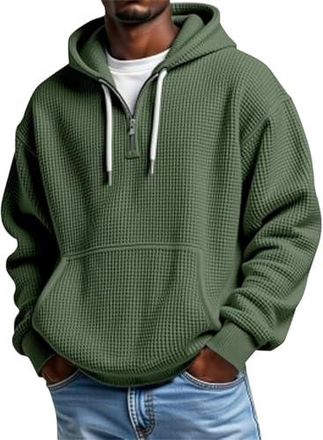 Generic Sweat à capuche en tricot gaufré à manches longues avec fermeture éclair 1/4 pour homme avec poche, vert militaire, XXL