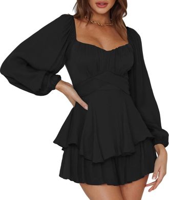 Pink Queen Damen Boho Jumpsuit Laterne Langarm R&uuml;schenschicht Fliege R&uuml;cken Taille Mini Kleid Kurzer Strampler Schwarz XL