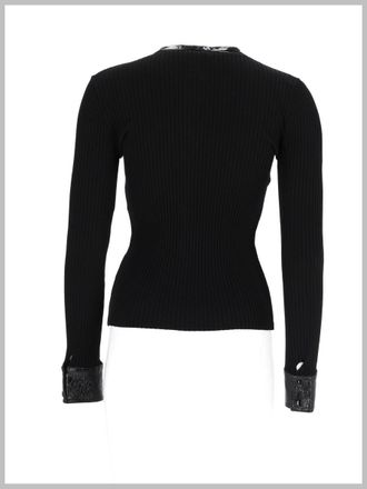 Courr&egrave;ges Womens Ribbed Cardigan With Vinyl Details Black Viscose Jumpers Sweater