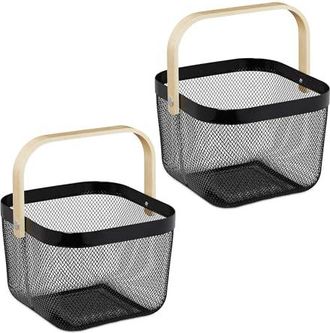 Relaxdays Drahtkorb mit Henkel, 2er Set, Metall, Bambus, HxBxT: 17,5 x 26 x 24,5 cm, eckiger Aufbewahrungskorb, schwarz