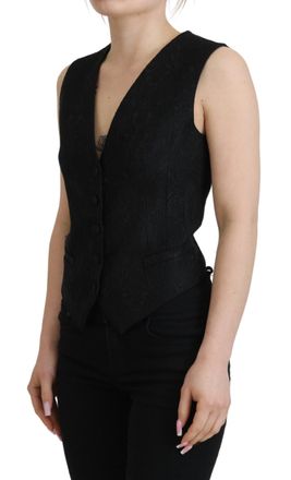 Dolce & Gabbana Womens Black Brocade Button Down Sleeveless Vest Top Virgin Wool Silk Elastane