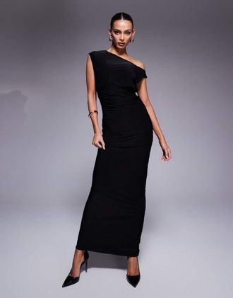 Fashionkilla Ärmelloses, gerafftes und geschmeidiges Bodycon-Maxikleid in Schwarz mit zweilagigem, asymmetrischem Ausschnitt