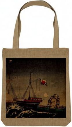 Fabulous Sac Shopping Tote Bag Aspect Lin - Estampe Japonaise Triptyque Bateau Vapeur Roue &agrave; Aube Art D&eacute;licat Original Vintage - Sac de Courses Toile Epaisse 3