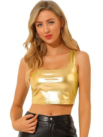 Allegra K Damen Weihnachten Crop Top Weste Tank Top U-Ausschnitt &Auml;rmellos Party Clubwear Gl&auml;nzend Metallic, gold, 46
